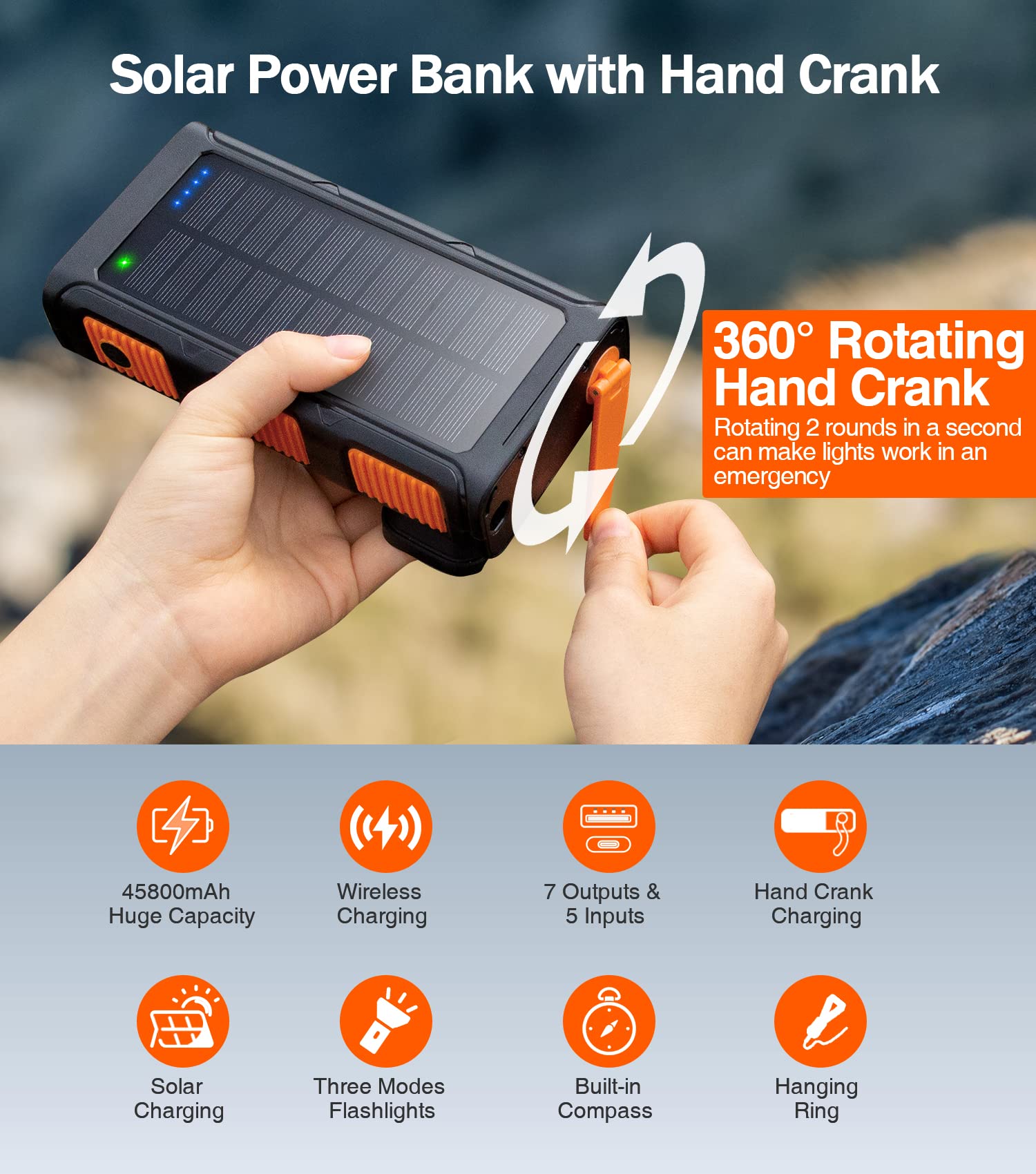 GOODaaa Power Bank Wireless Charger 45800mAh Built in Hand Crank and 4 ...